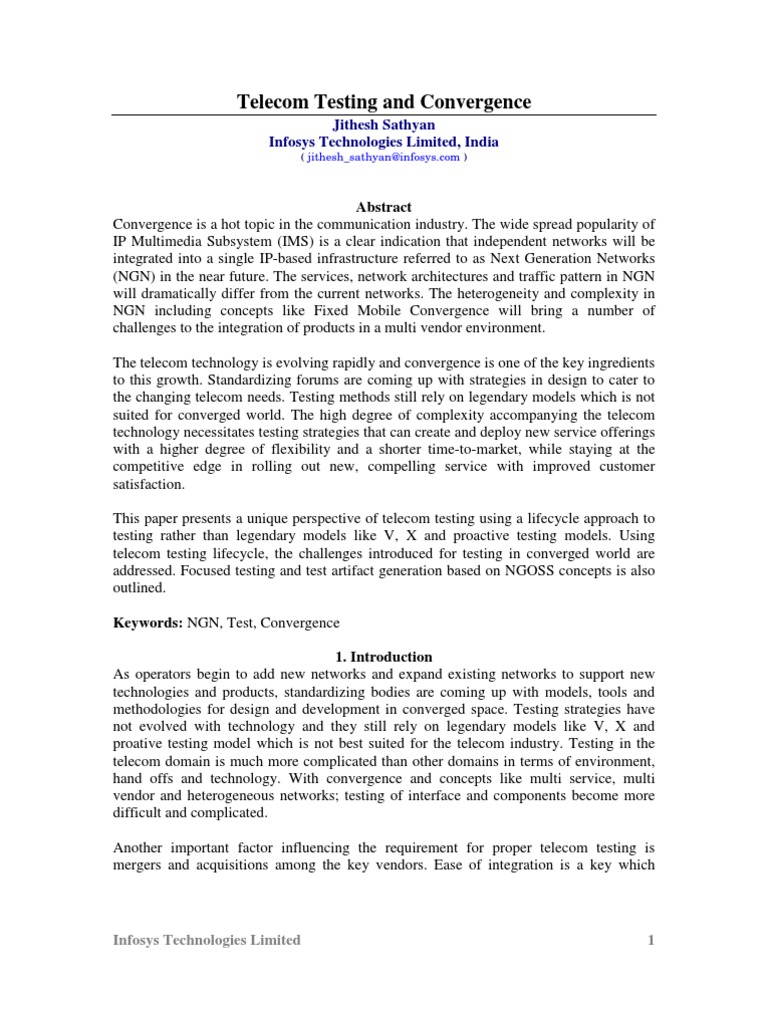 Telecom Testing and Convergence: Jithesh Sathyan Infosys Technologies ...