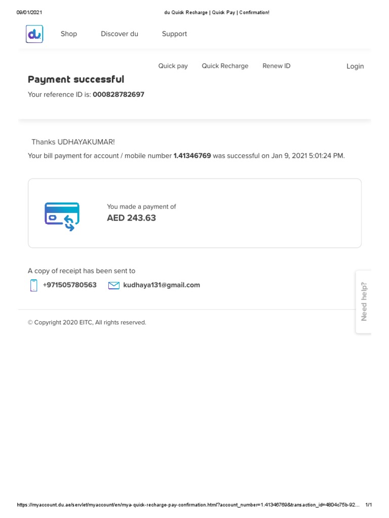 Du Quick Recharge - Quick Pay - Confirmation! | PDF