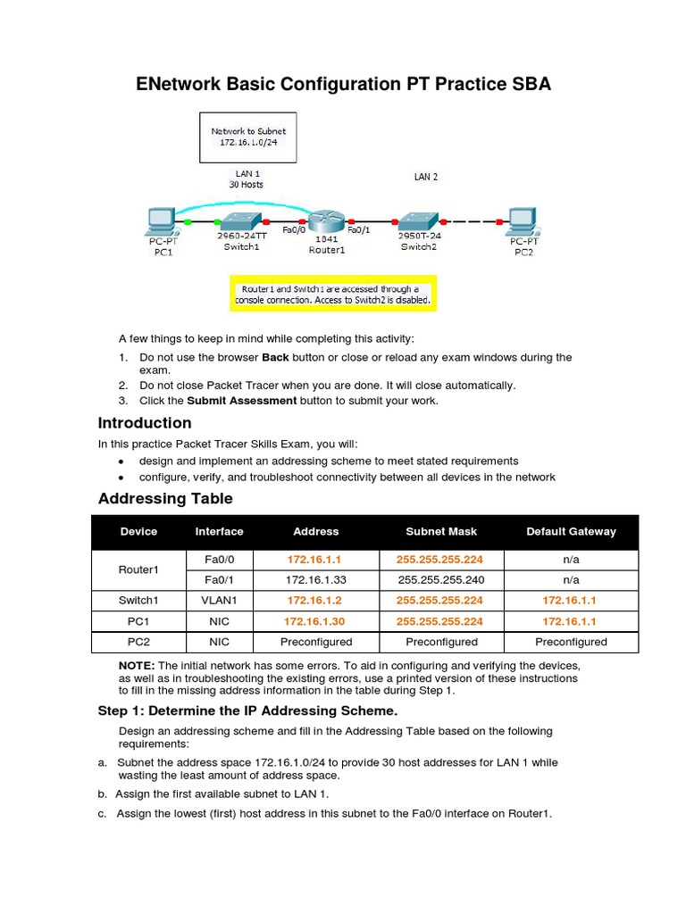 ENetwork Basic Configuration PT Practice SBA | PDF | Ip Address ...