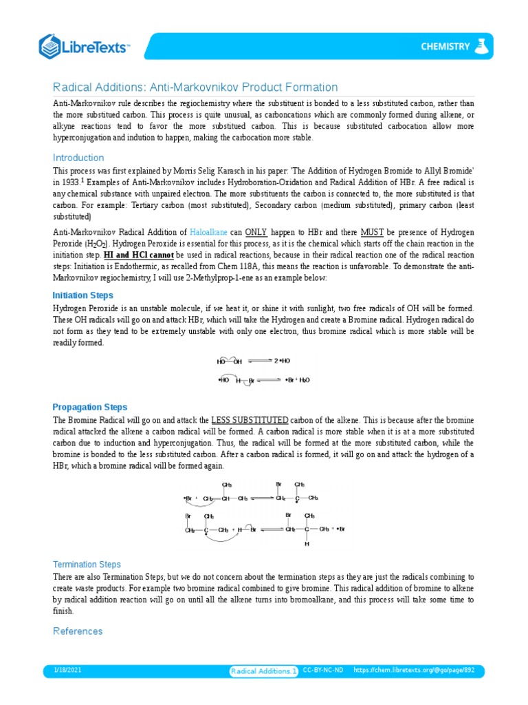 Radical Additions Anti-Markovnikov Product Formation | PDF | Physical ...