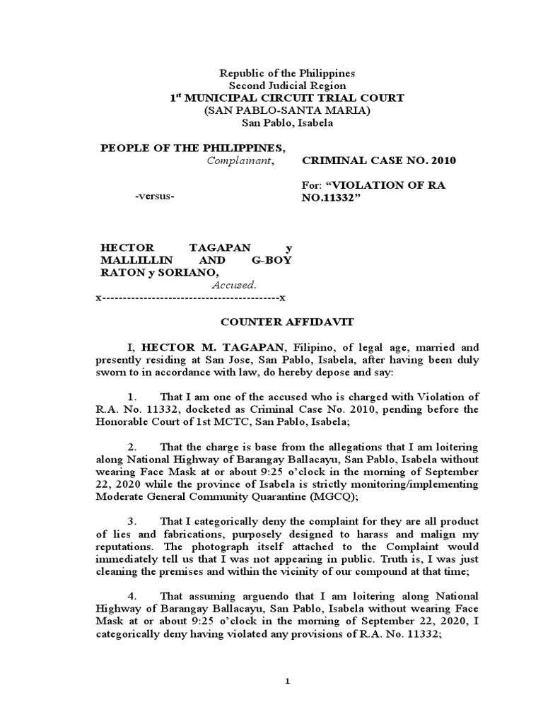 Legal Defense Against RA 11332 Charge | PDF | Affidavit | Justice