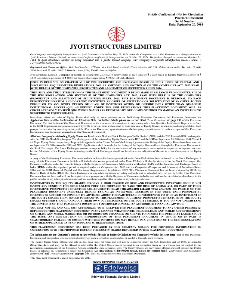 Jyoti Structures Limited Equity Placement Document | PDF | Securities ...