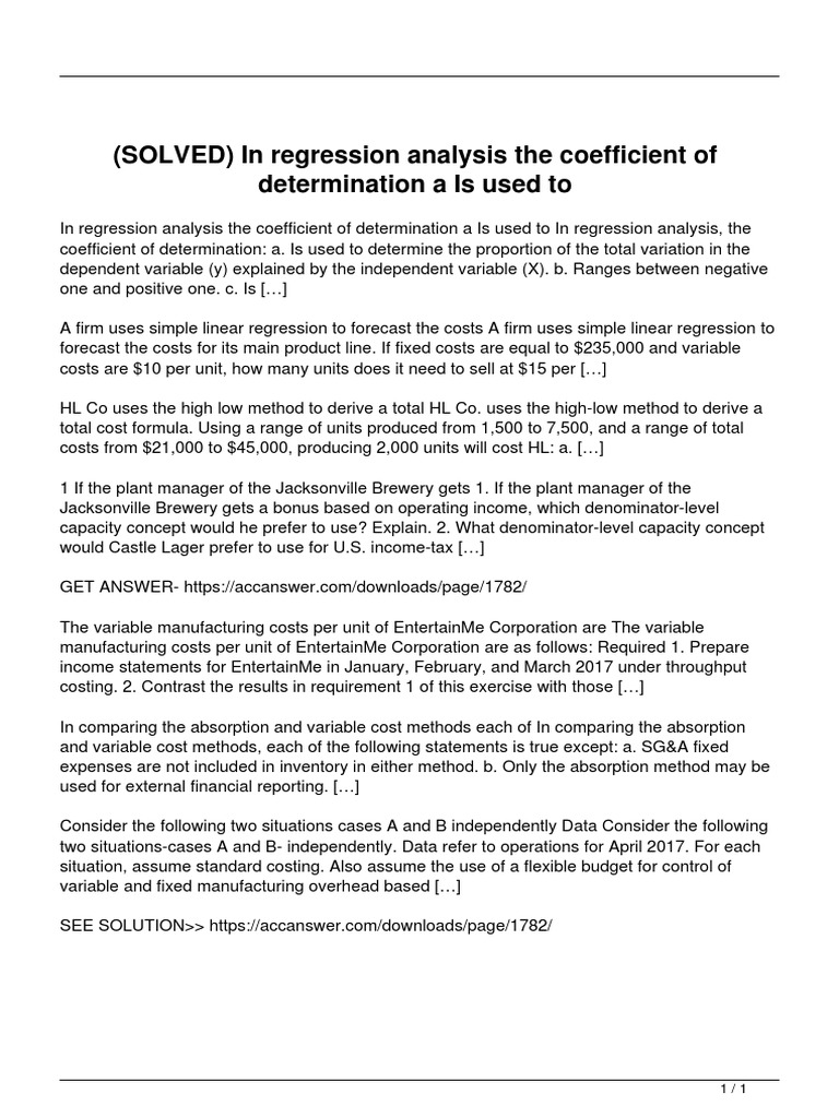 Solved in Regression Analysis The Coefficient of Determination A Is ...