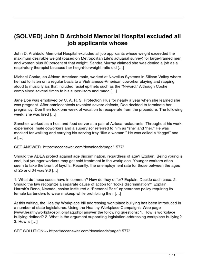 Solved John D Archbold Memorial Hospital Excluded All Job Applicants ...