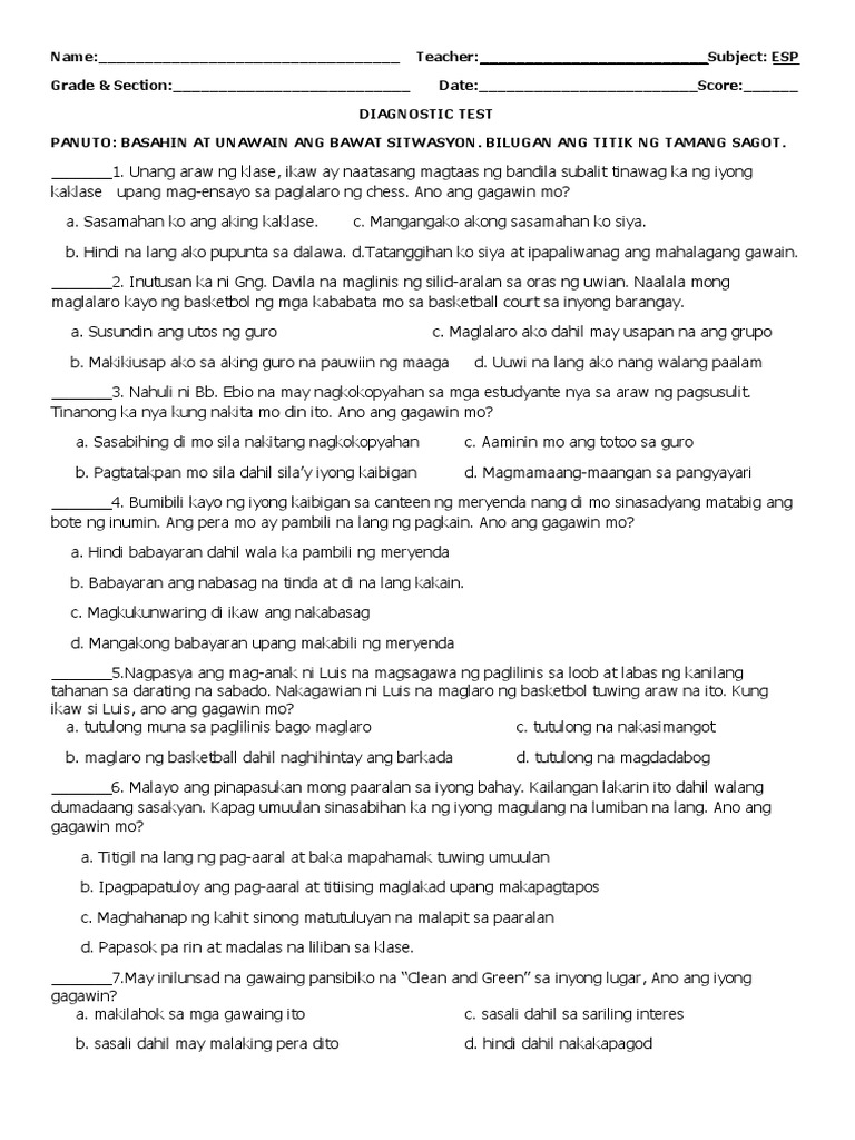 Grade6 - ESP - Diagnostic Test | PDF