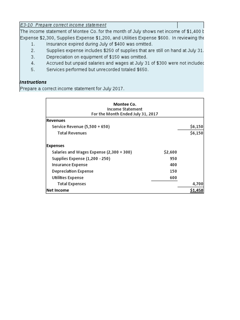 E3-10 Prepare Correct Income Statement: Instructions | PDF