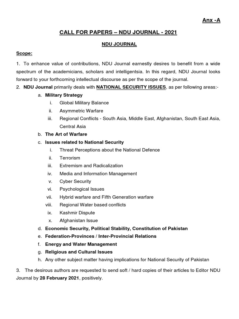 Anx - A Call For Papers - Ndu Journal - 2021 | PDF | National Security ...
