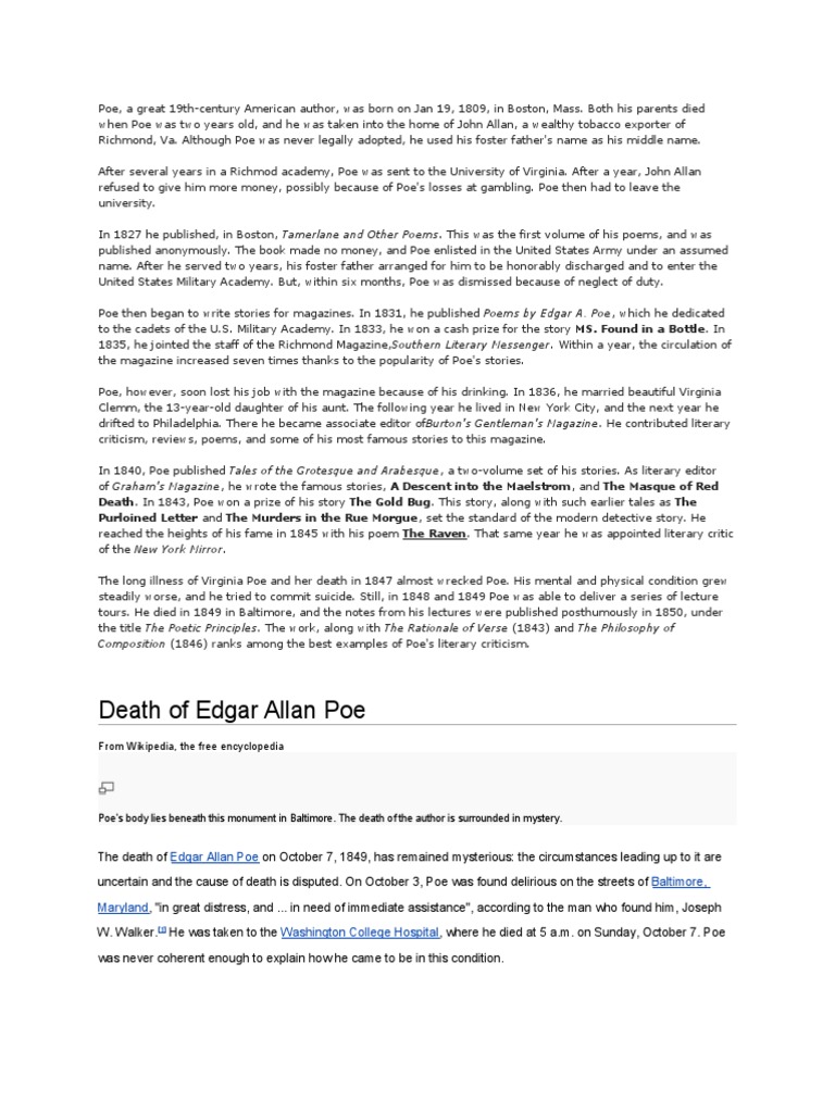 Death of Edgar Allan Poe: Composition (1846) Ranks Among The Best ...