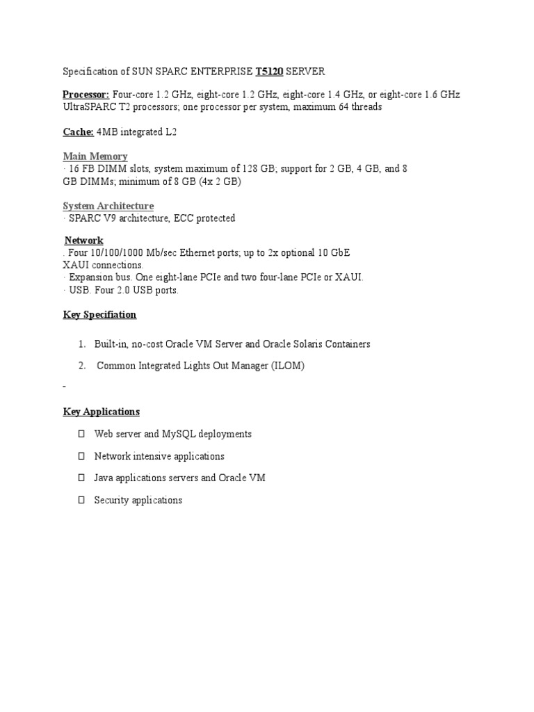 SUN SPARC T5120 Server Specifications | PDF | Computer Companies Of The ...