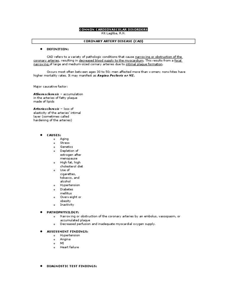Coronary Artery Disease (Cad) Definition:: Atherosclerosis ...