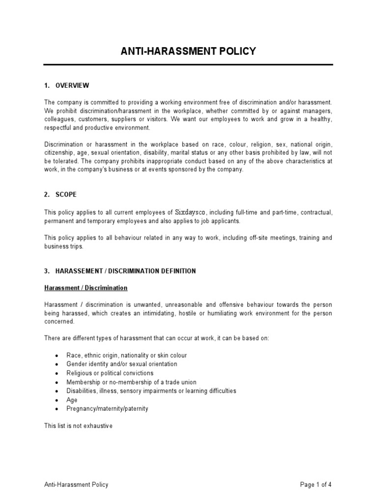 Sixdaysco Anti-Harassment Policy | PDF | Sexual Harassment | Harassment