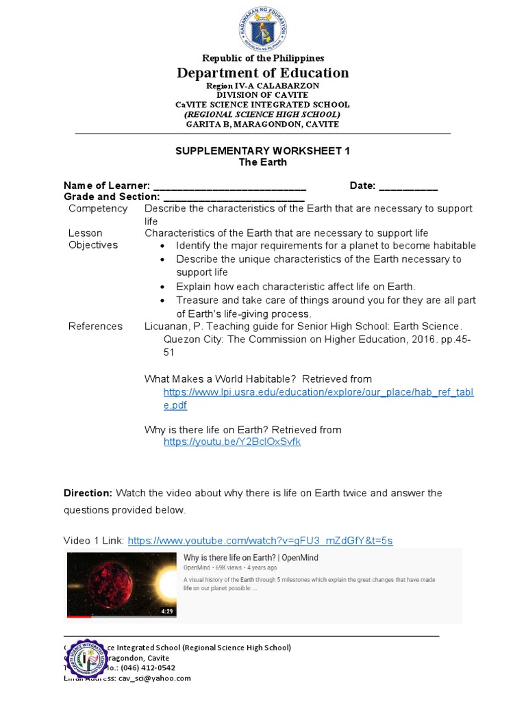 Earth Science Add On Worksheet 1 w1 | PDF | Planetary Habitability | Earth