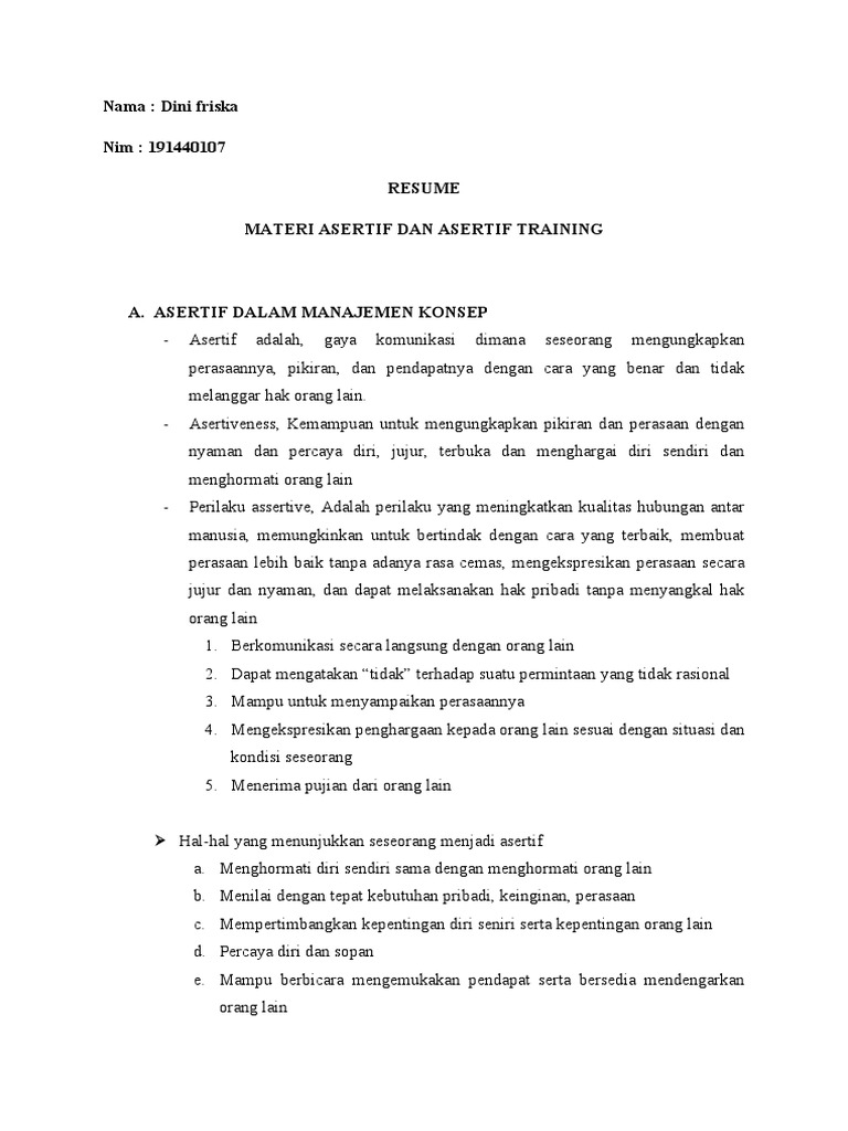 Resume Arsetif Dan Arsetif Training Dini Friska | PDF | Karier ...