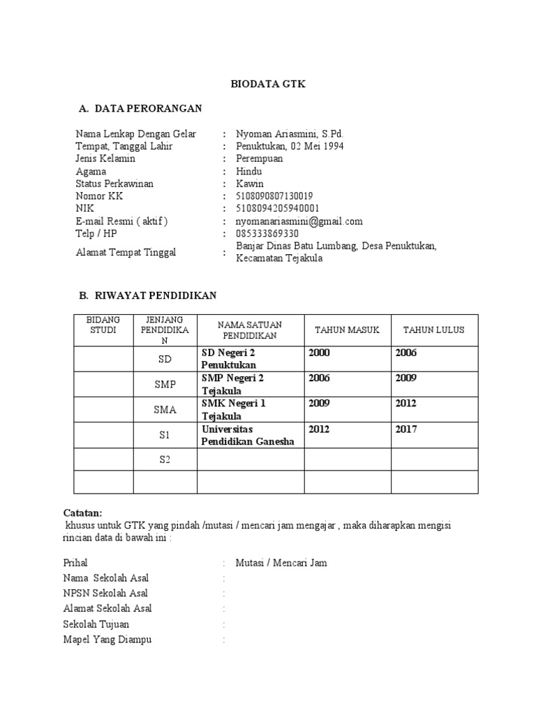 Biodata GTK | PDF