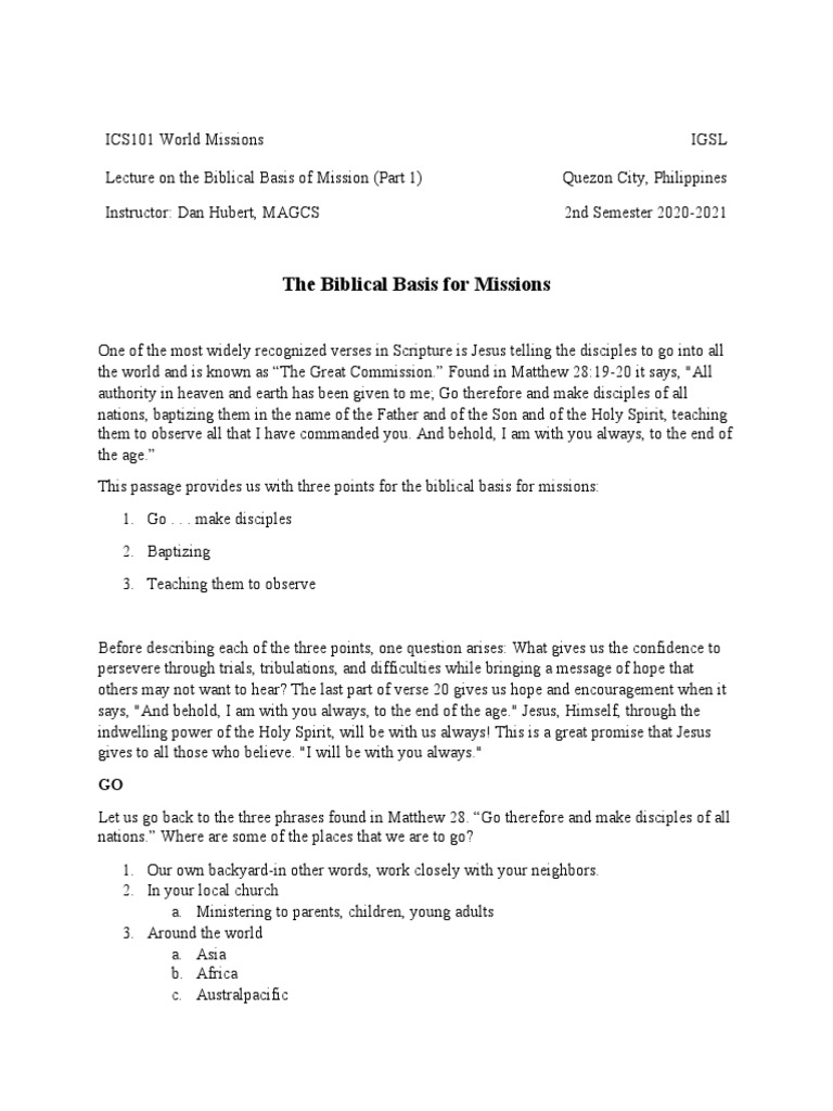 The Biblical Basis For Missions Part 1 Class Notes | PDF | Baptism ...