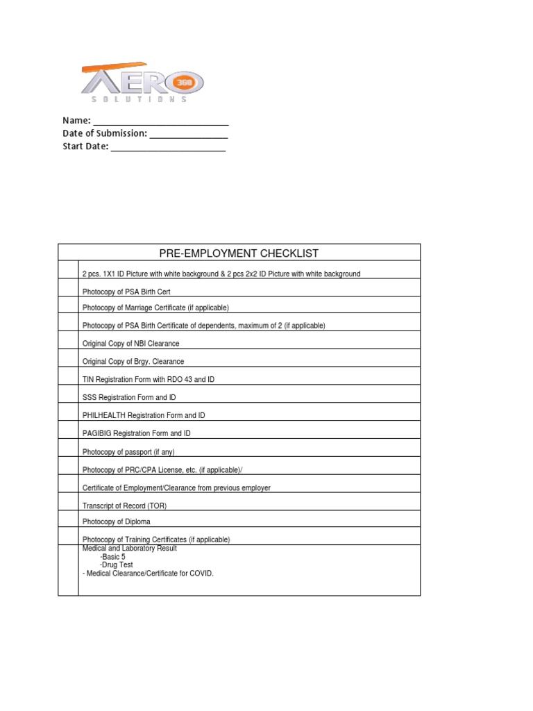Pre-Employment Checklist | PDF