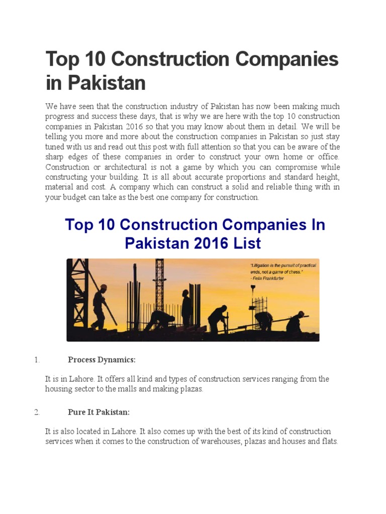 Top 10 Construction Companies in Pakistan | PDF | Pakistan | Economic ...
