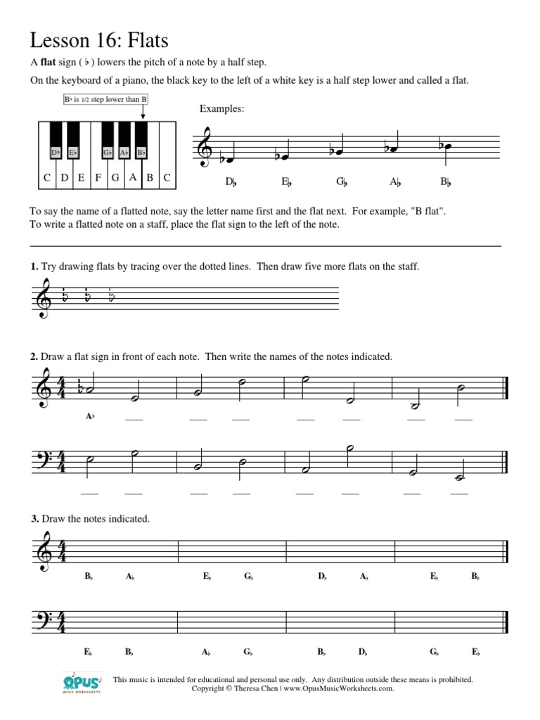 Music Theory Worksheet 16 Flats | PDF | Notation | Music Theory