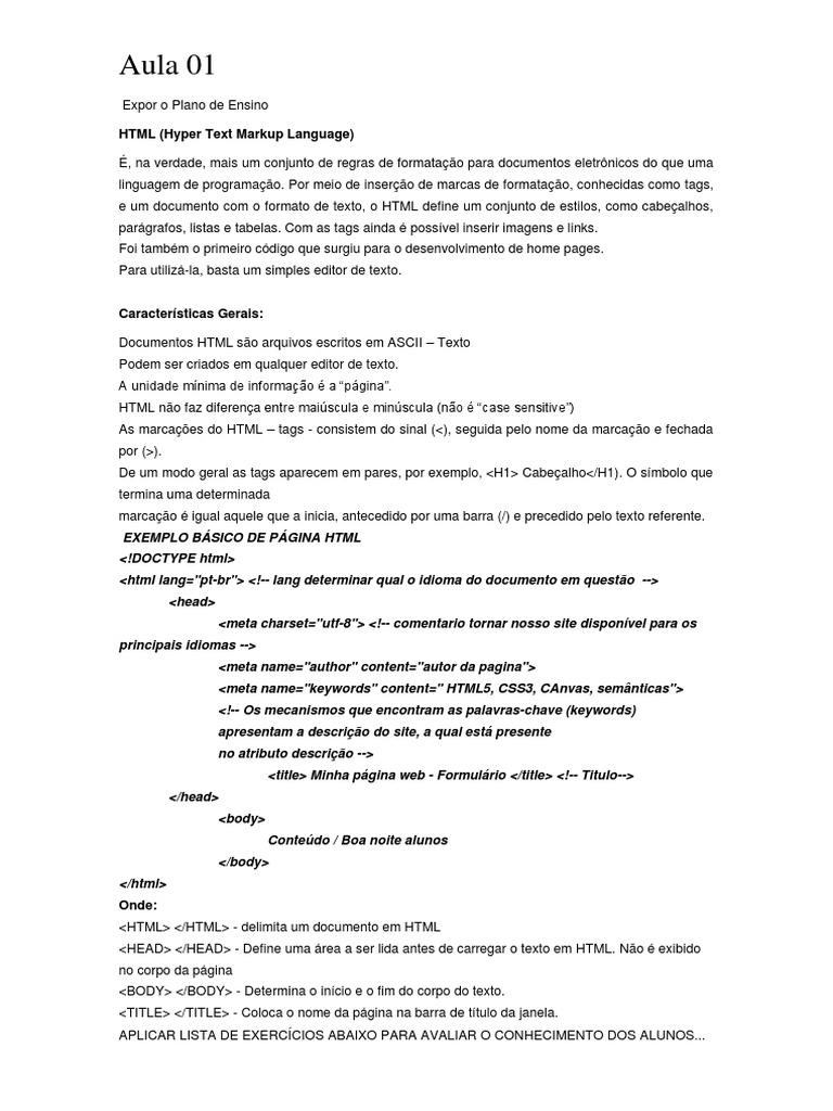Aula 01 | PDF | Html | Elemento HTML
