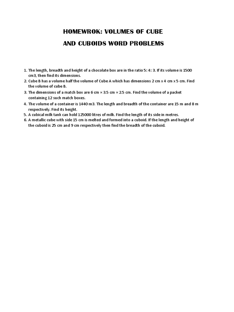 HW Volumes of Cubes and Cuboids Word Problems | PDF