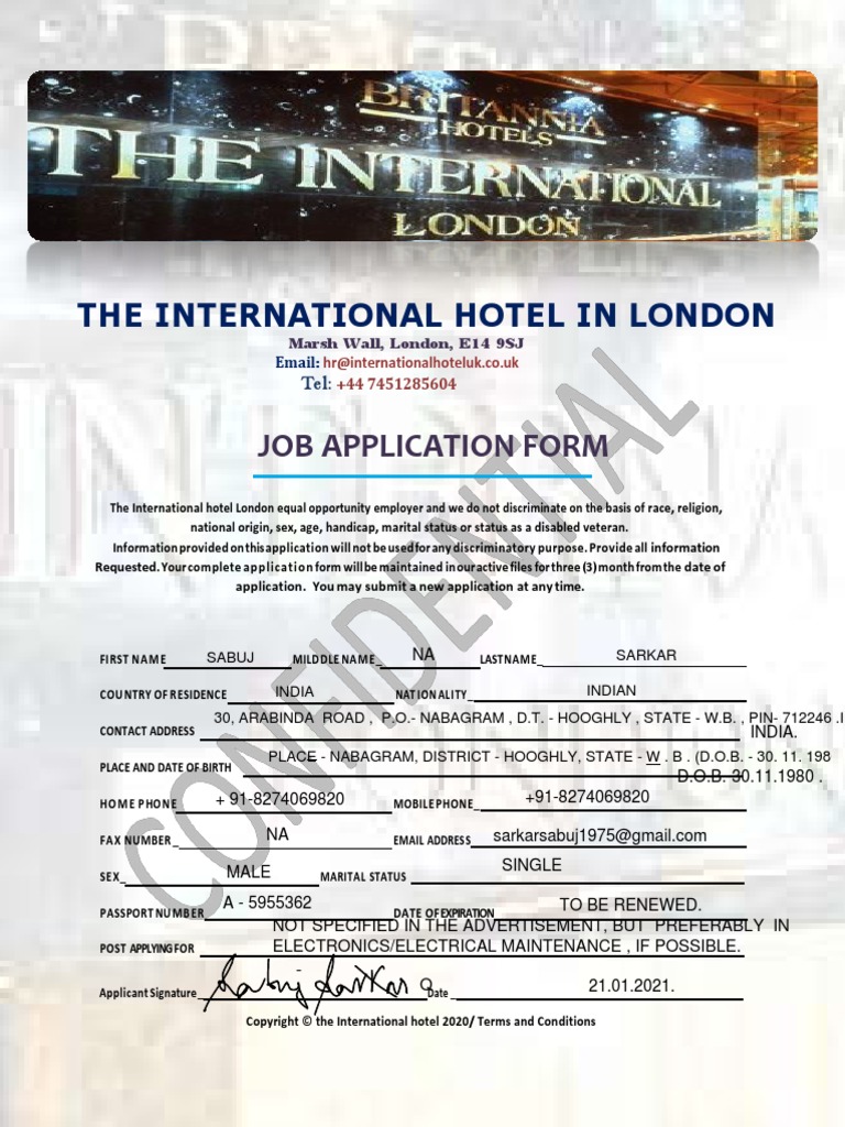 The International Hotel Job Application & Interview Form - 1 | PDF ...