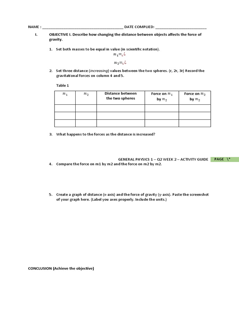 Gravity Force Lab Activity Guide Pdf Gravity Force