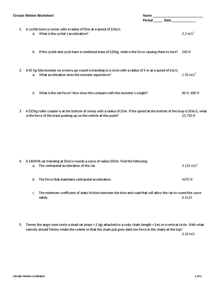 Circular Motion Worksheet With Answers | PDF | Acceleration | Force