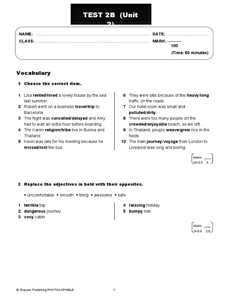 TEST 2B (Unit 2) : Vocabulary | Download Free PDF | Resort