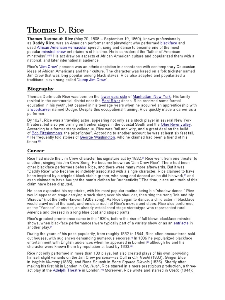 Thomas D. Rice: Biography | PDF | Performing Arts | Theatre