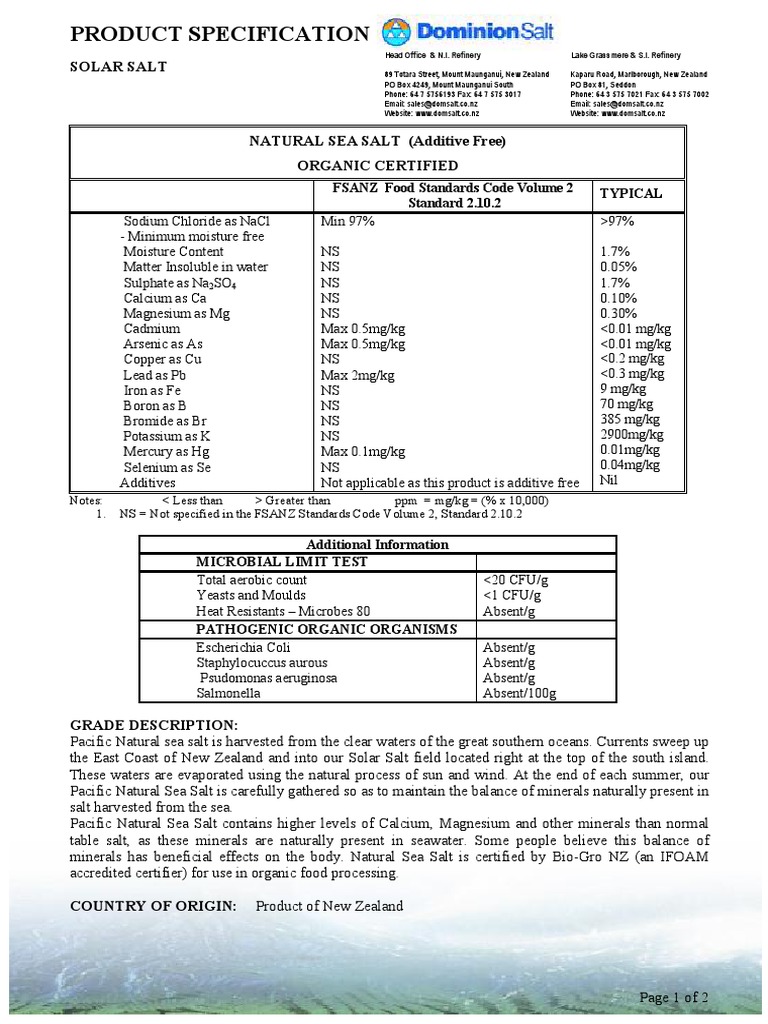 Specification Natural Sea Salt (NZ) | PDF | Magnesium | Fat