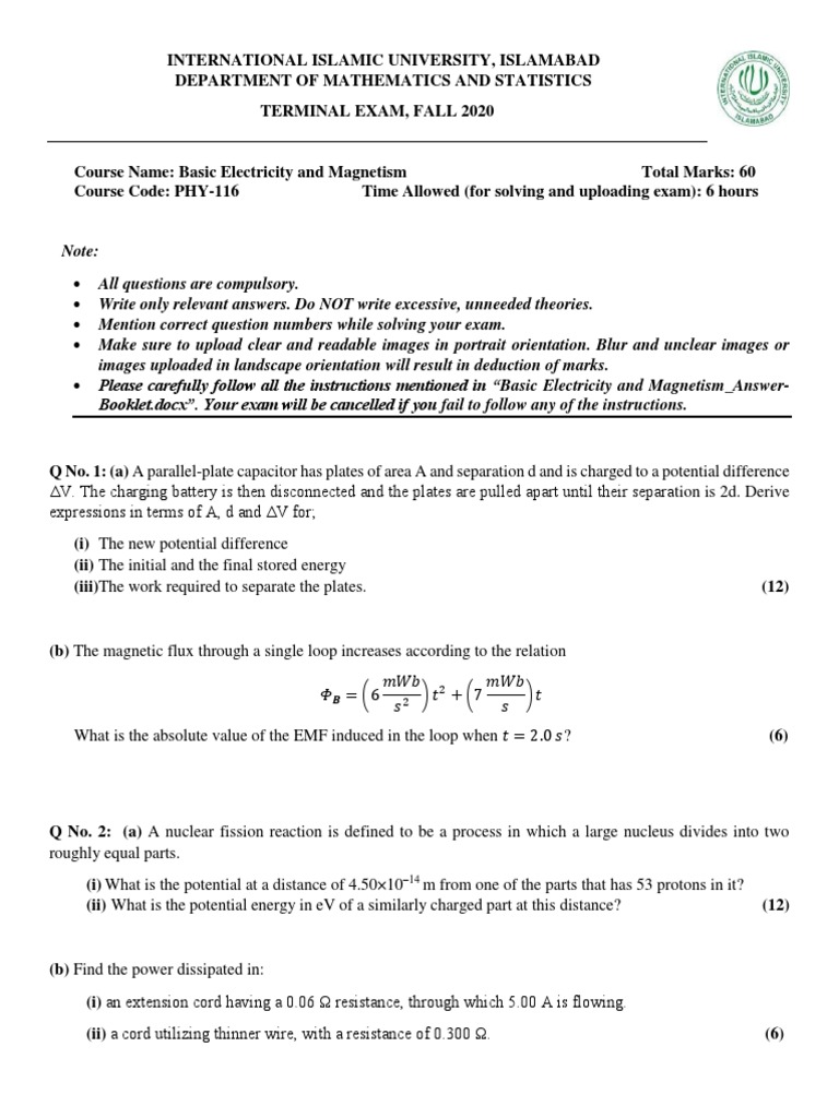 Basic Electricity and Magnetism Question Paper | PDF | Magnetic Field ...