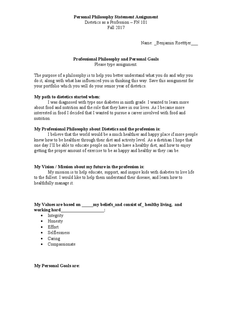 Personal Philosophy Statement Assignment 2017 | PDF | Dietitian ...