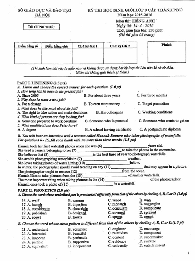 De Thi Hoc Sinh Gioi Mon Tieng Anh Lop 9 Thanh Pho Ha Noi Nam 2016 | PDF