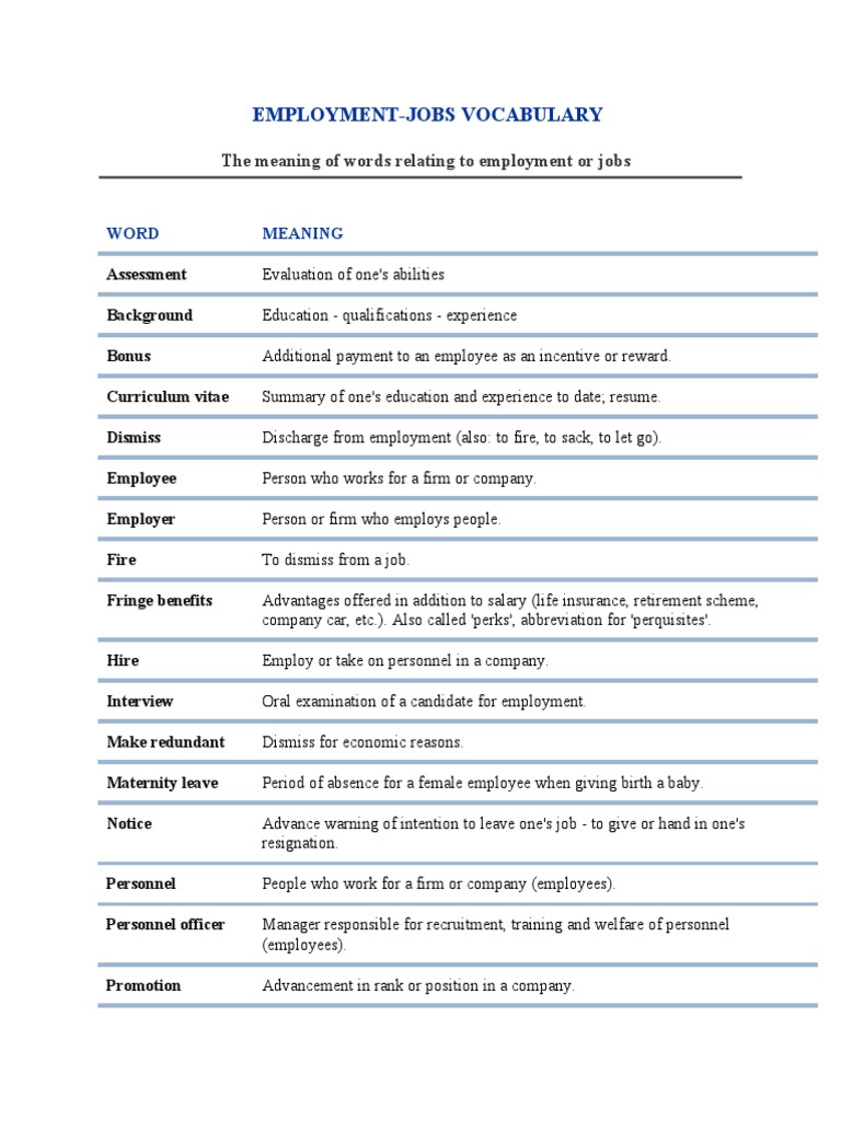 Employment Vocabulary Guide | PDF | Employee Benefits | Employment