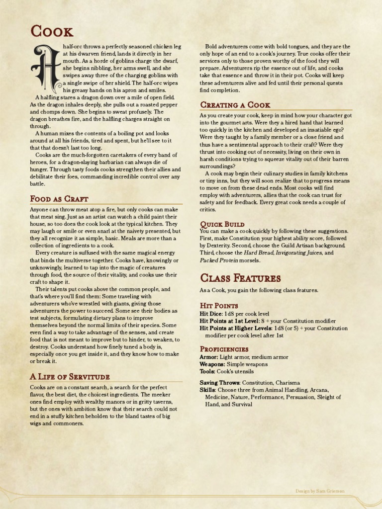 Class Features: Creating A Cook | PDF | Dungeons & Dragons | Foods