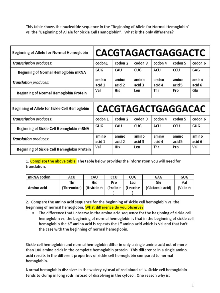 Hemoglobin Amino Acid Sequence Chart