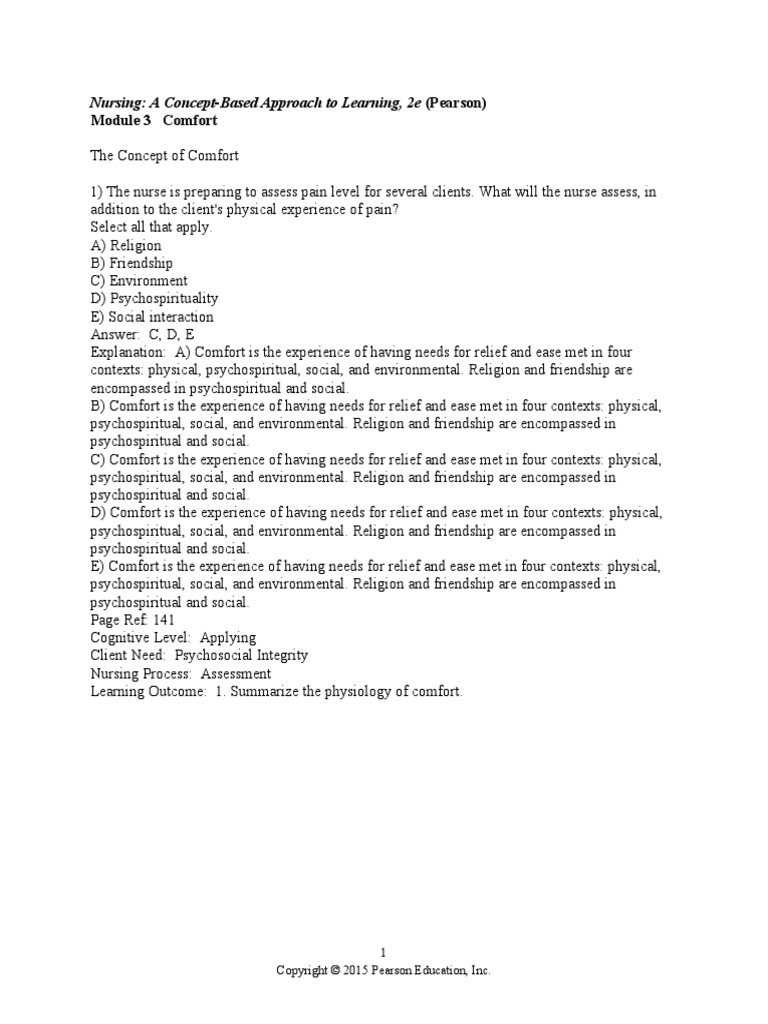 Comfort - Nursing Test Questions | PDF | Pain | Pain Management