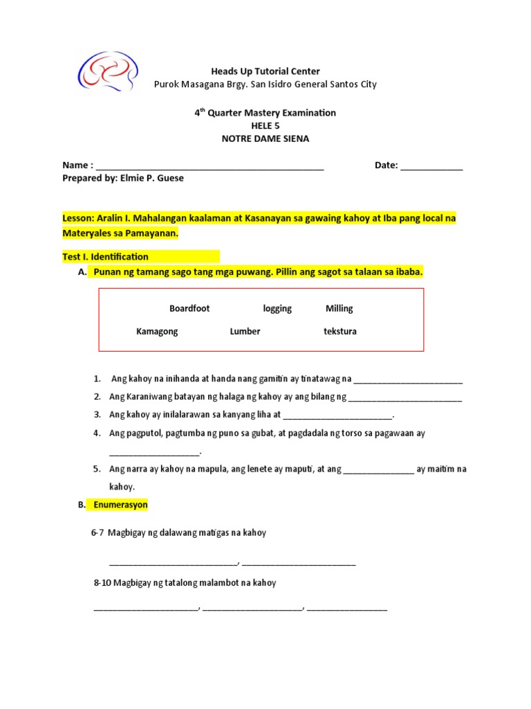 HELE 5 - Fourth Mastery Examination | PDF