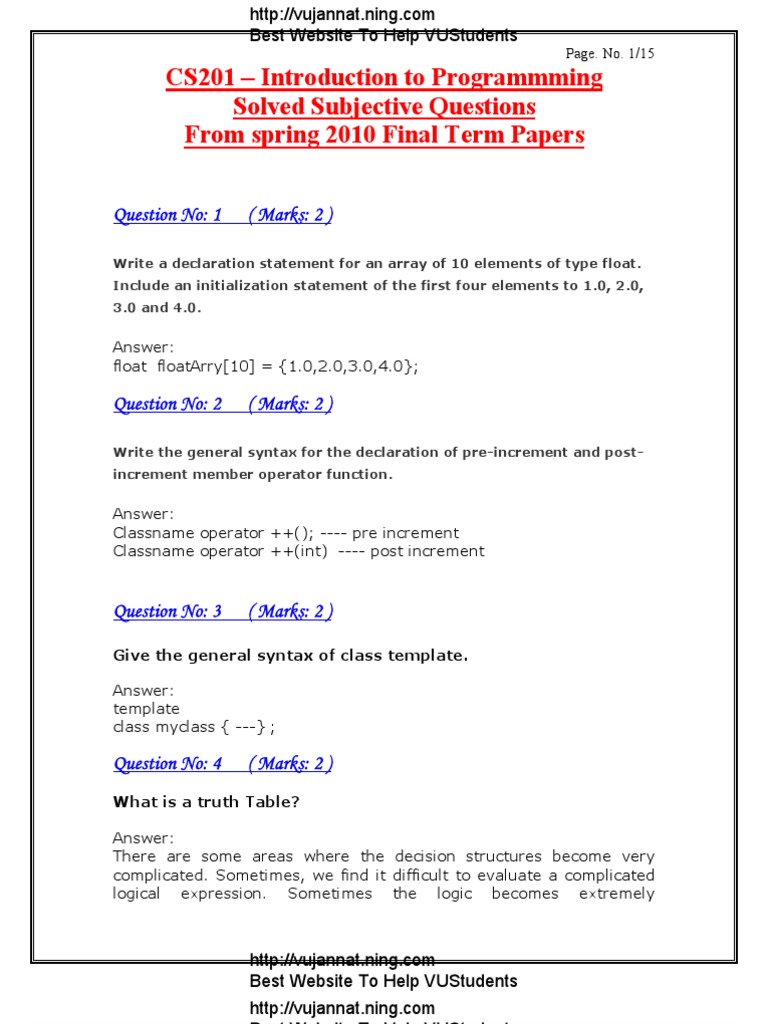 CS201Introduction To Programmming Solved Subjective Questions From Spring 2010 Final Term Papers ...