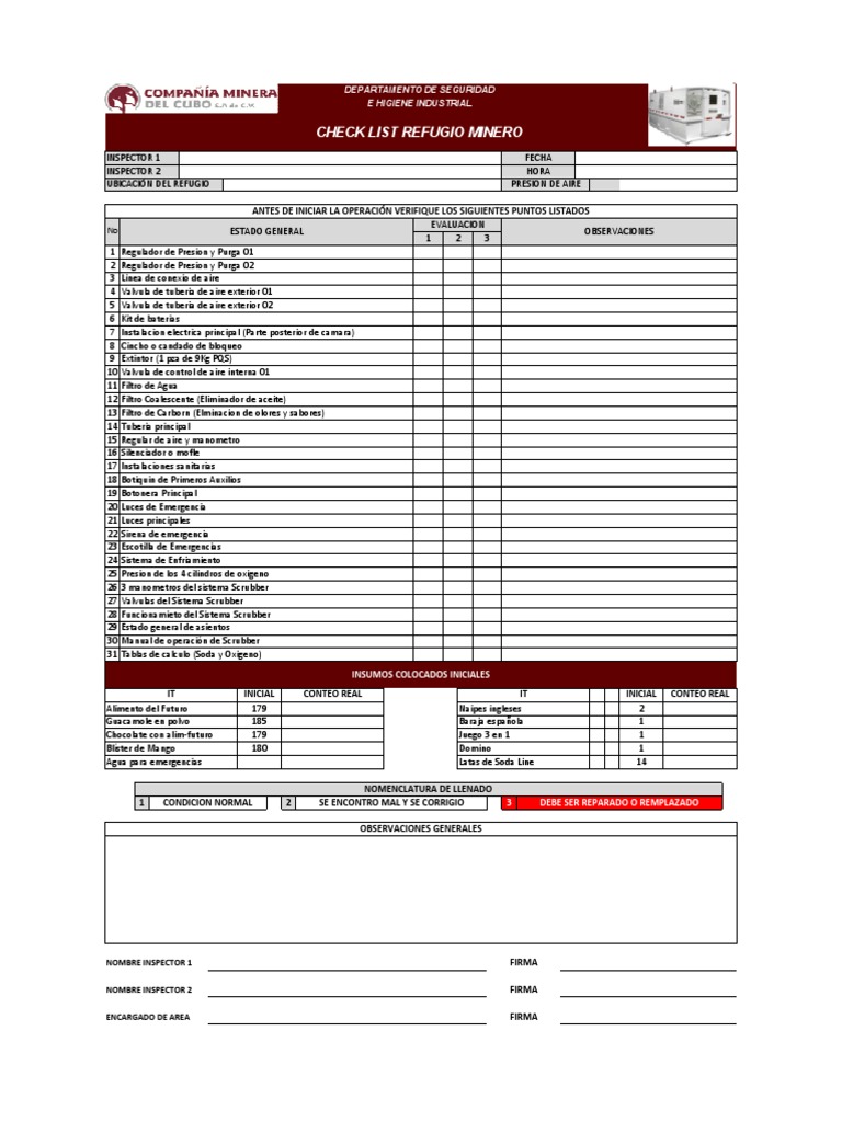 Formato - Check-List Refugio Minero | PDF | Science | Ciencia y Tecnología