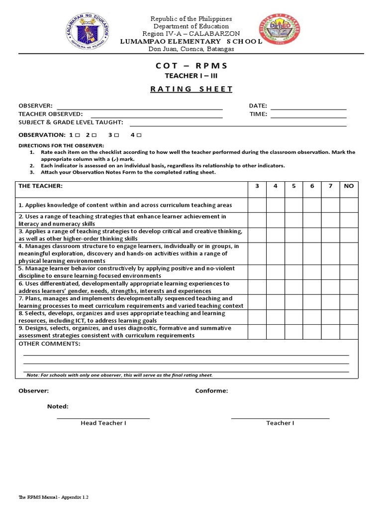 RPMS 2018 - COT - RPMS - Rating Sheet - Template | PDF | Curriculum ...