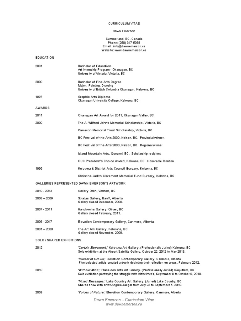 D Emerson CV Sept 2012 1 | PDF | Paintings | Arts (General)