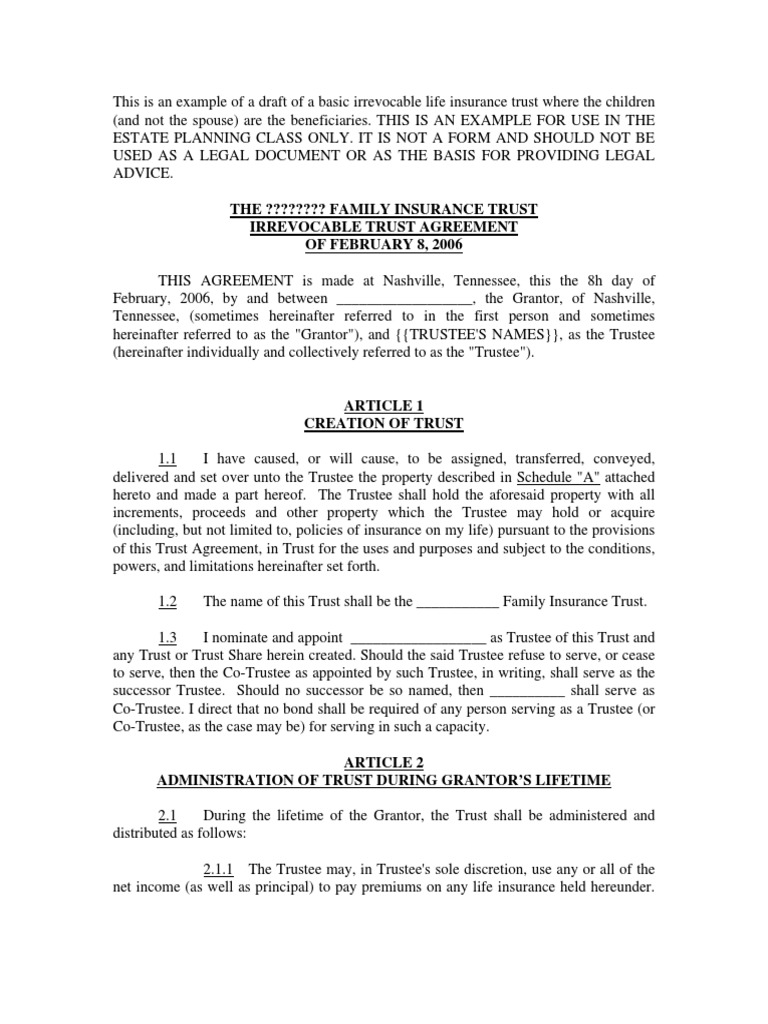 Irrevocable Life Insurance Trust Example | PDF | Trust Law | Trustee