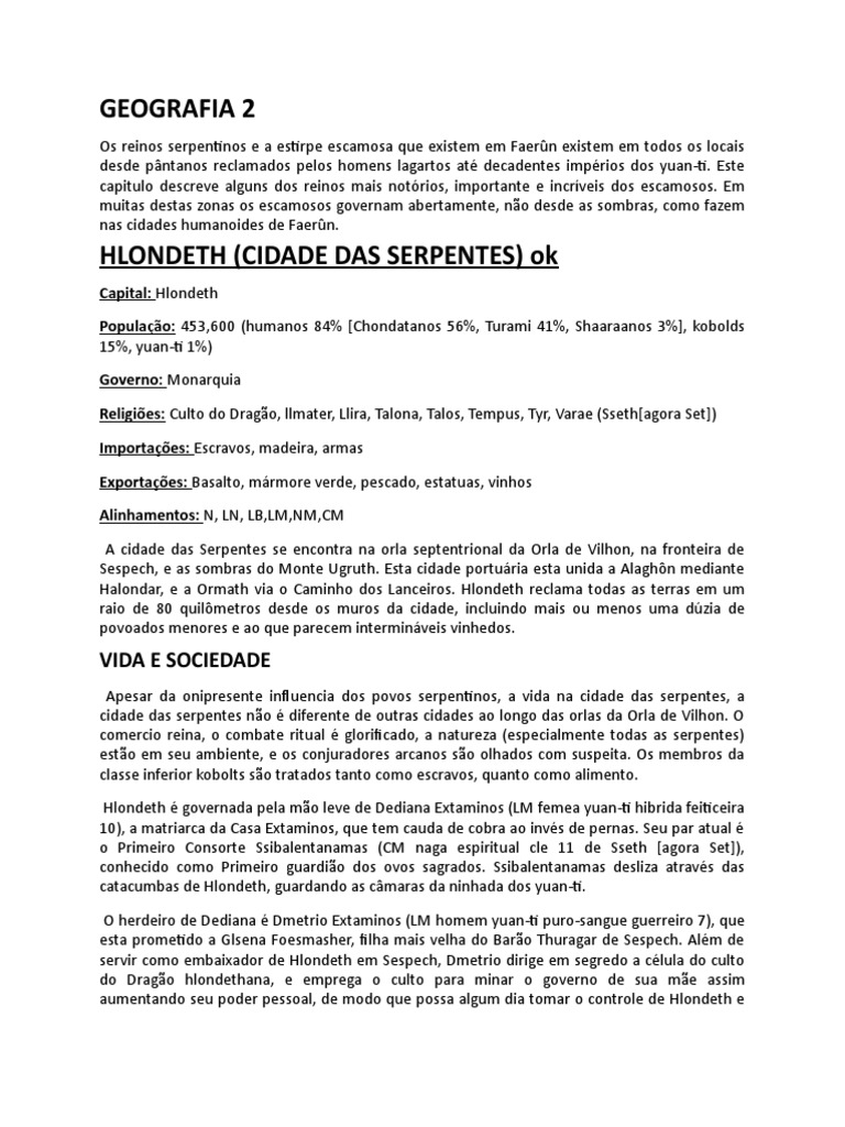 Reinos Serpentinos: Hlondeth, a Cidade das Serpentes | PDF | Reinos ...