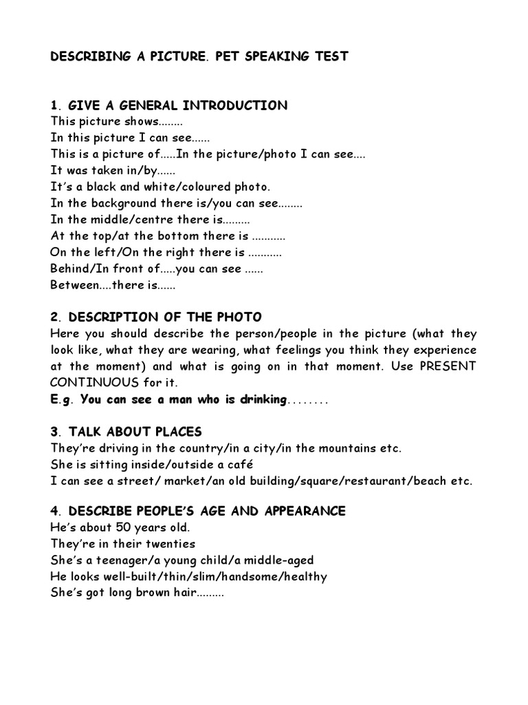 Describing A Picture. Pet Speaking Test | PDF | Clothing | Restaurant ...