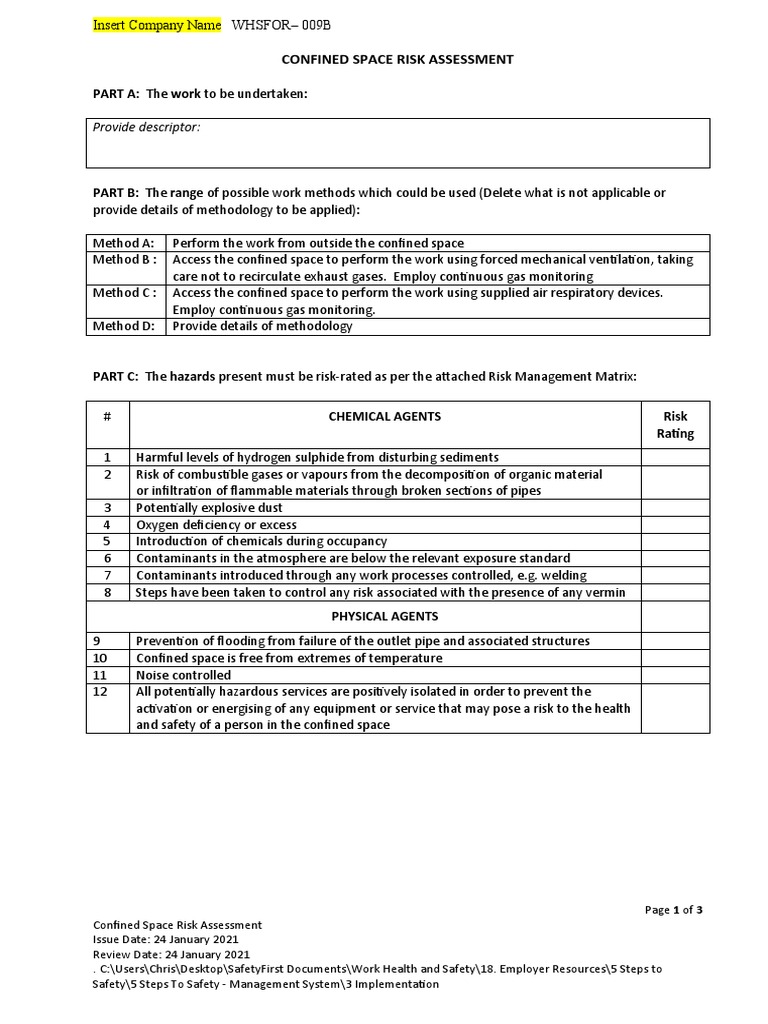 Confined Space Risk Assessment WHSFOR-009B | PDF | Risk Management | Risk