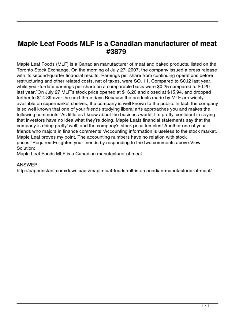 Maple Leaf Foods Q2 2007 Stock Analysis | PDF | Stocks | Corporations