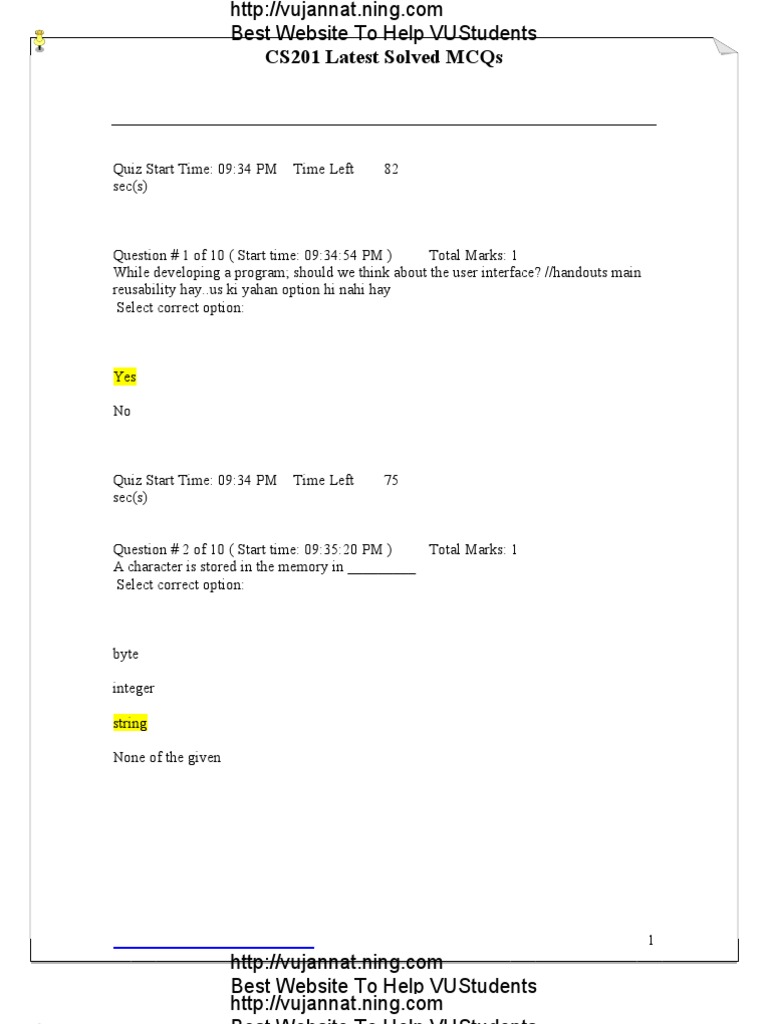 Cs201 Latest Solved Mcqs Pdf Constructor Object Oriented Programming Programming