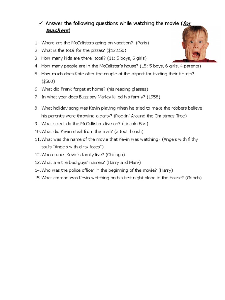 For Teachers: Answer The Following Questions While Watching The Movie ...
