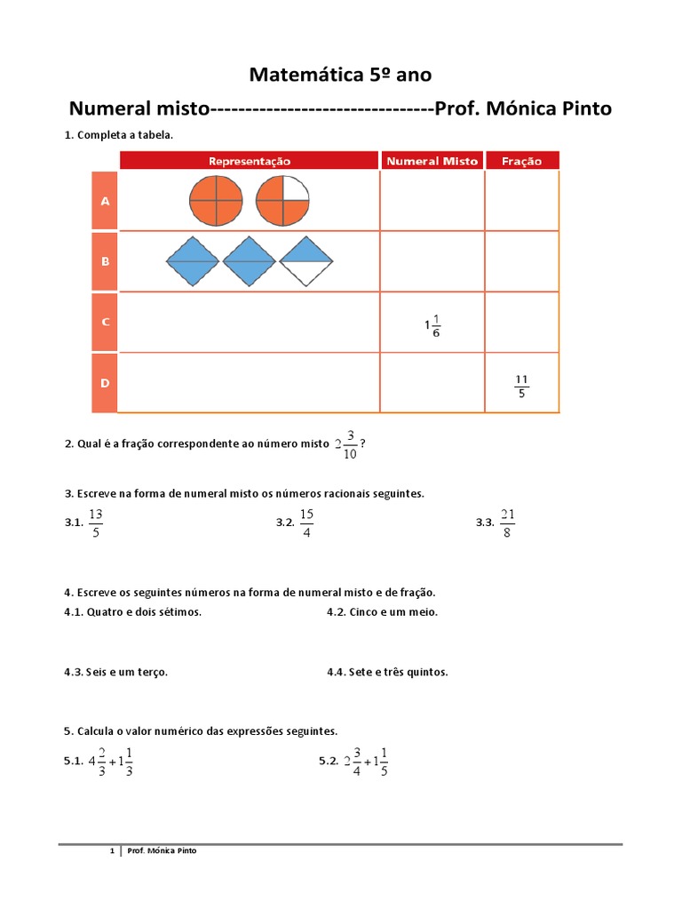 Matemática 5º Ano Numeral Misto - Prof. Mónica Pinto | PDF | Números ...